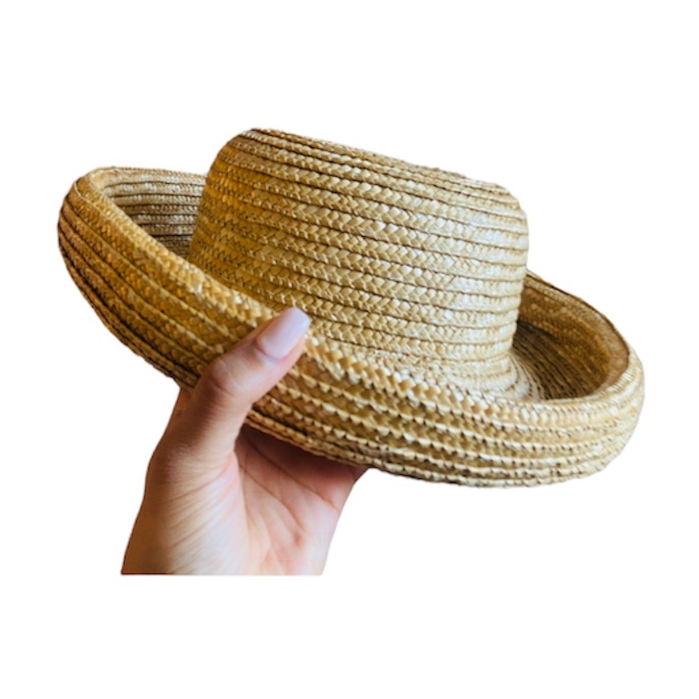 Vintage Raffia / Rattan Rolled Brim Hat - Gem